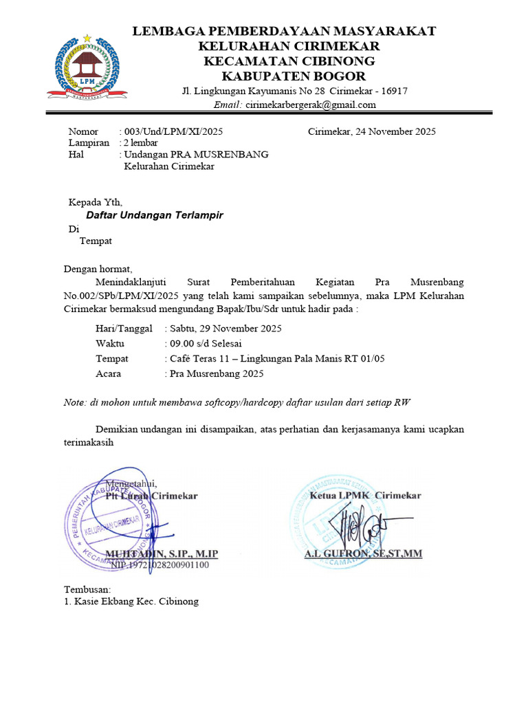 Undangan Pra Musrenbang Cirimekar 2025 | PDF