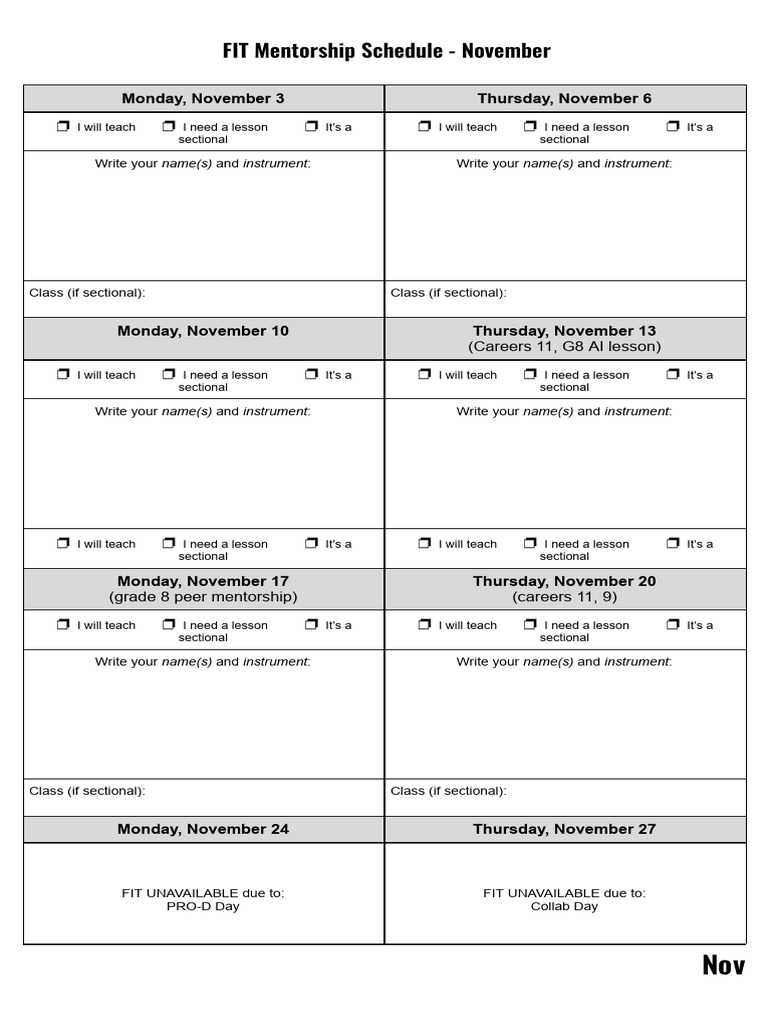 FIT Sign-Up Schedule November | PDF