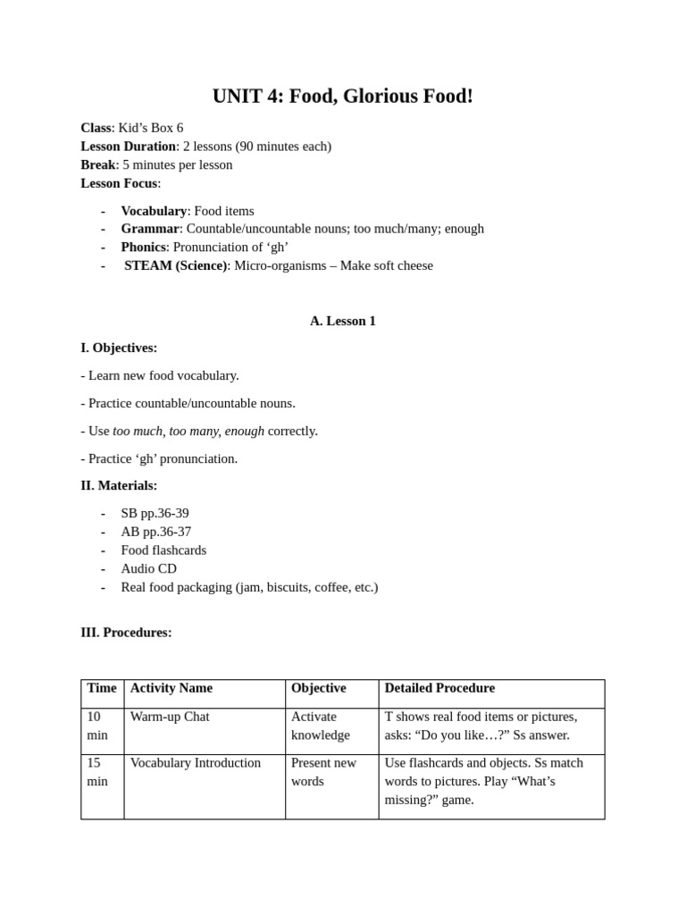 Lesson Plan U4 - Food, Glorious Food! | PDF | Vocabulary | Cognitive ...