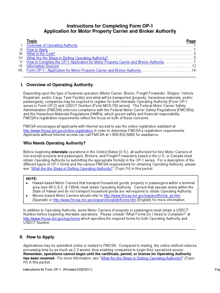OP-1 Application for Motor Carrier Authority | PDF | Cargo | Common Carrier