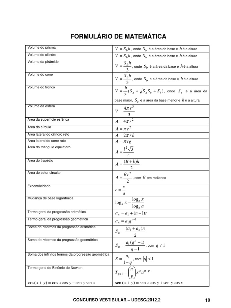 Formulário Matemática UDESC | PDF | Métodos e Materiais de Ensino ...