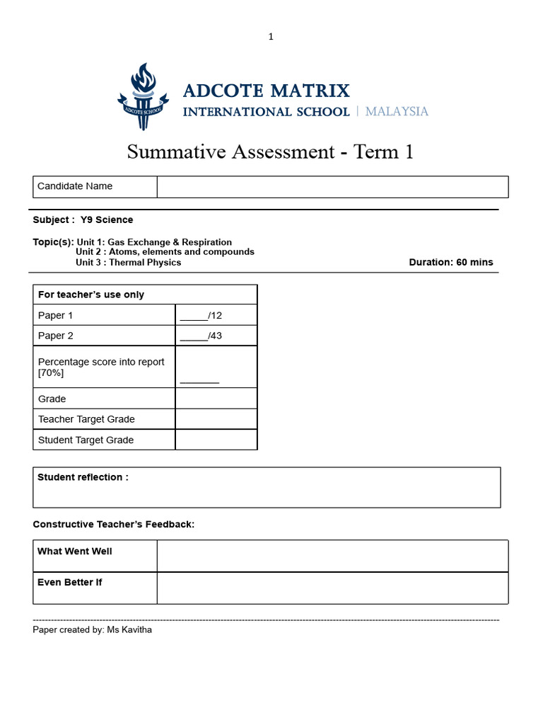 Y9 Science Summative Assessment Term 1 | PDF