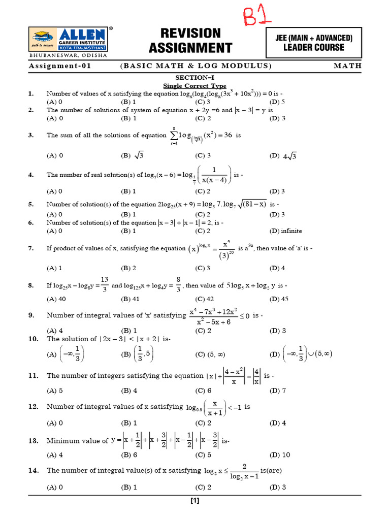 Math Assignment-01 Jee-led Math Basic Math & Log Modulus 05-02-2024 Sc ...
