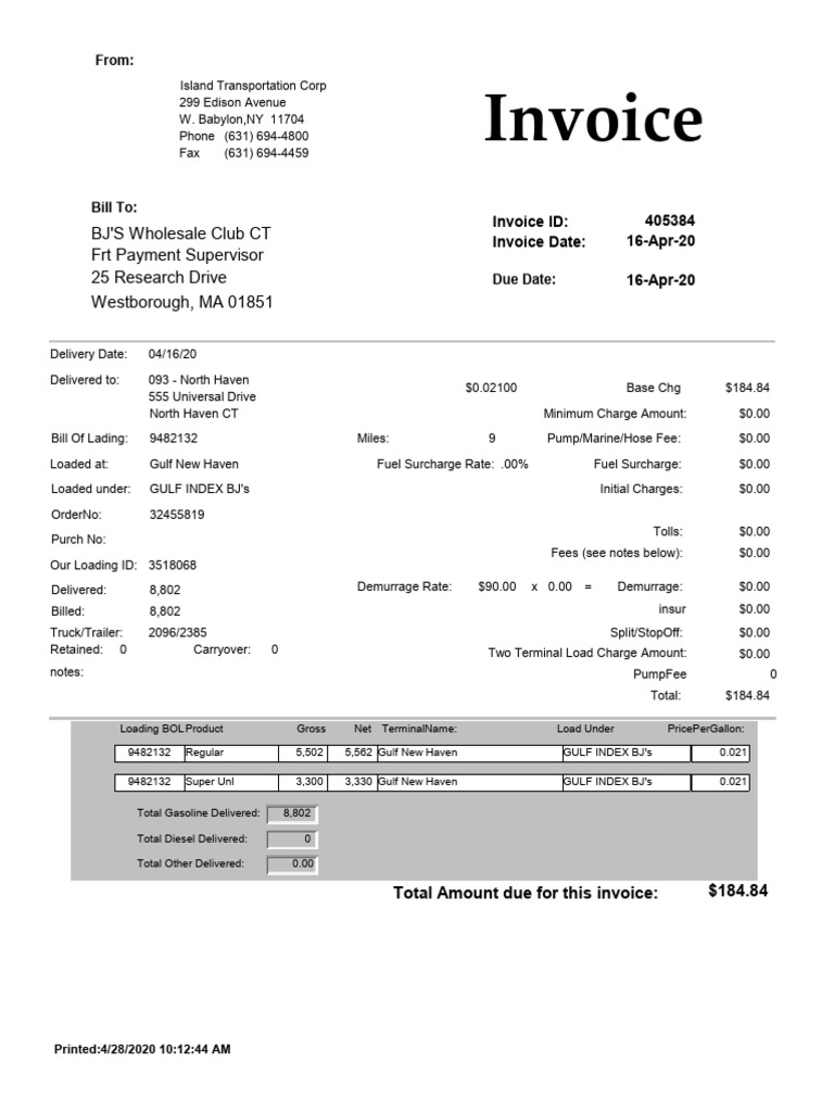Gulf New Haven Invoice Summary 04/16/20 | PDF | Fee | Cargo