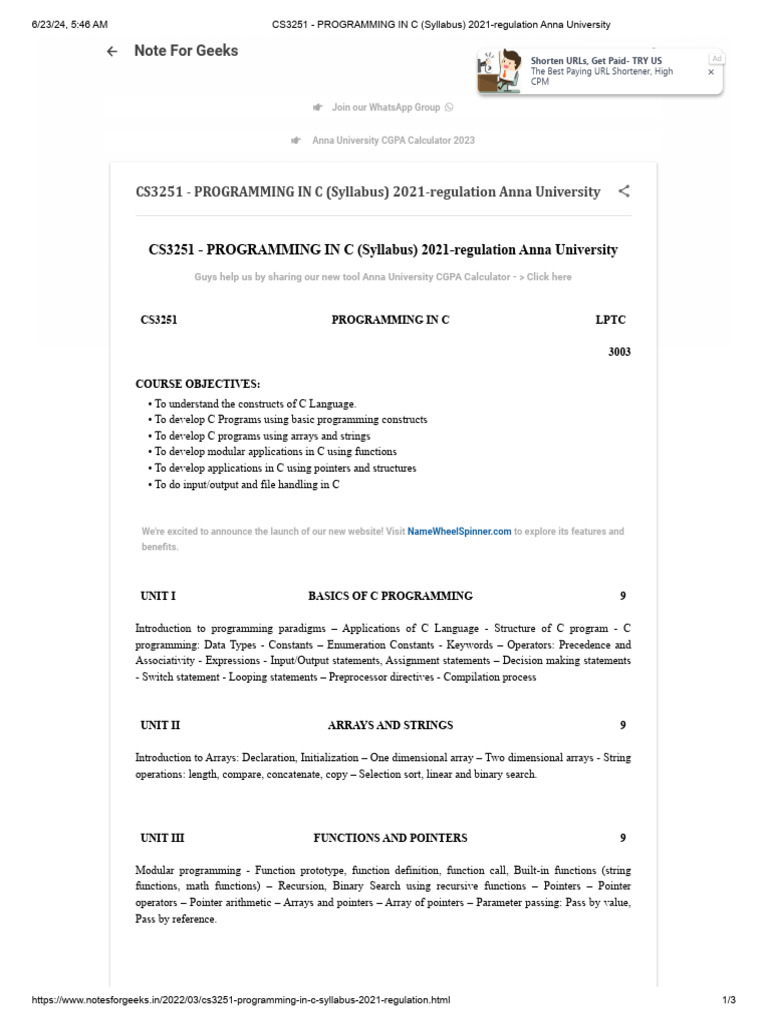 Anna University CS3251 C Programming Syllabus | PDF | C (Programming ...