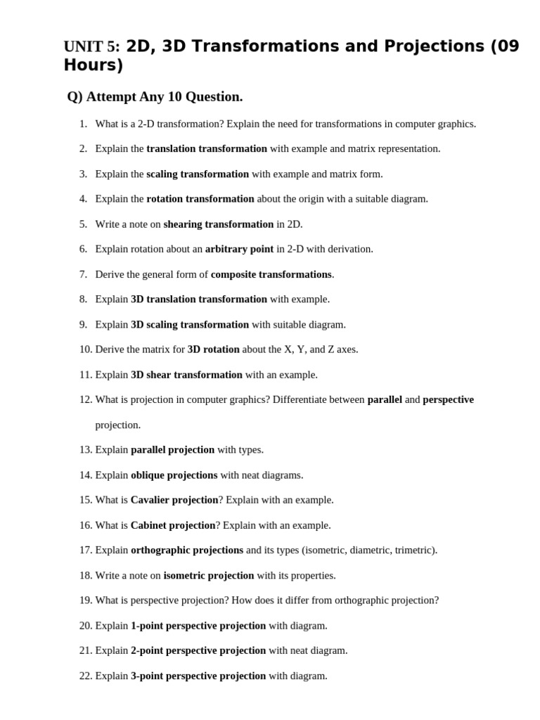 Unit 5.2D, 3D Transformations and Projections (09 Hours) | PDF