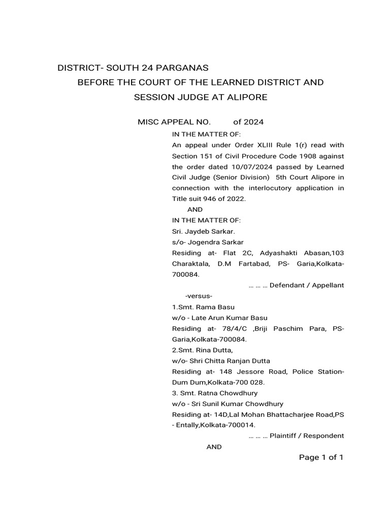 Appeal Against Injunction Order in Kolkata | PDF | Lawsuit | Equity (Law)