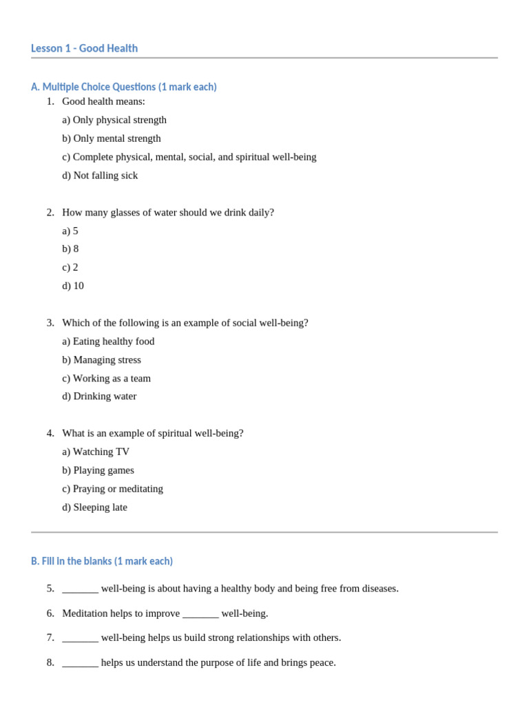 Grade 4 Health Question Paper 1 Lesson 1 | PDF
