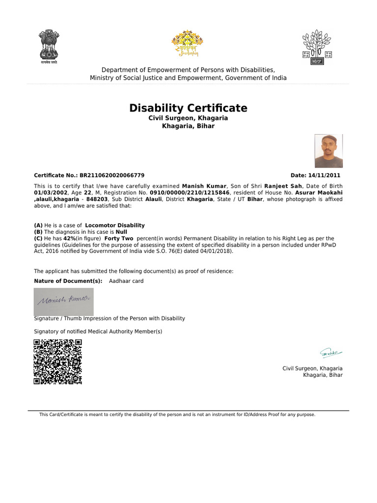 UDID OLD DisabilityCertificate | PDF