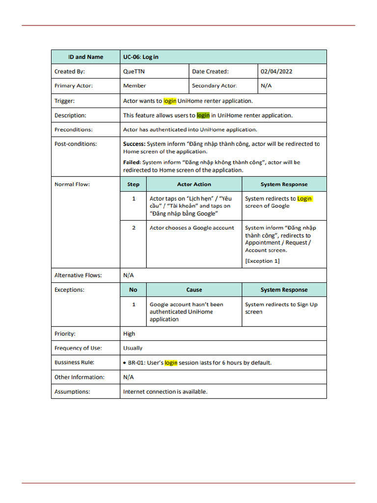 Use Case Description - Login | PDF