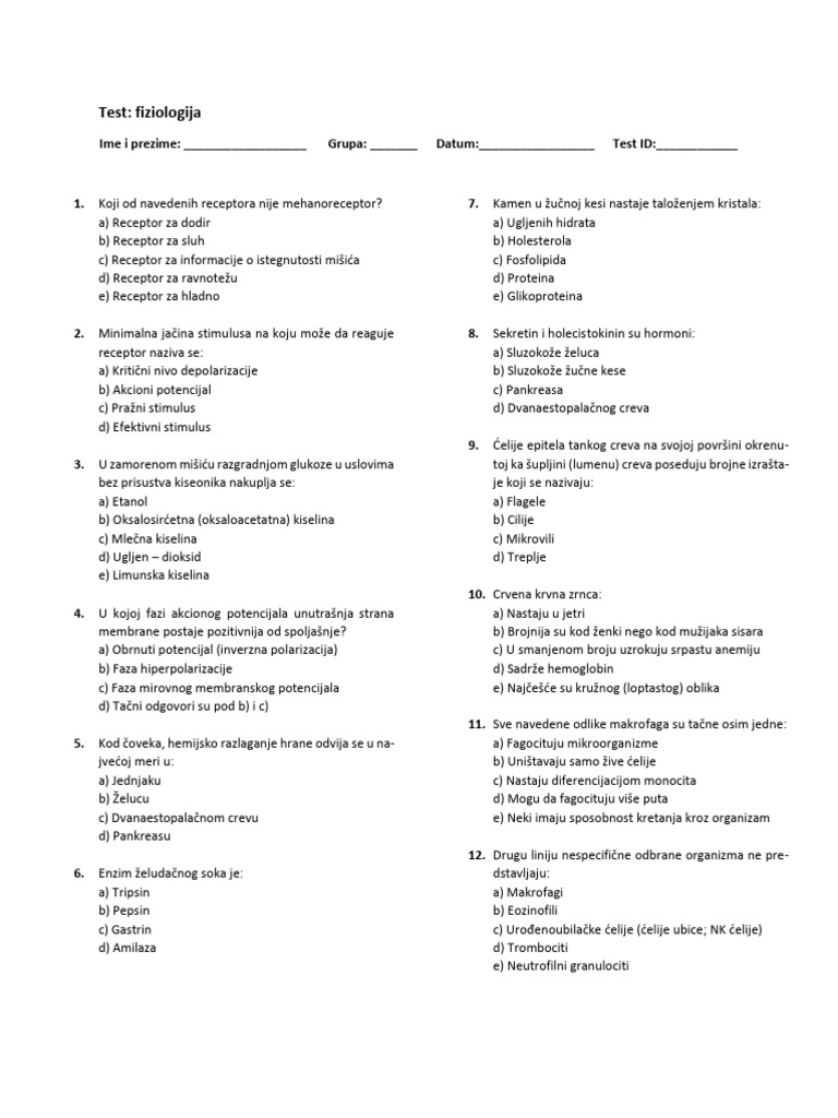 Test Fiziologija 2023. | PDF