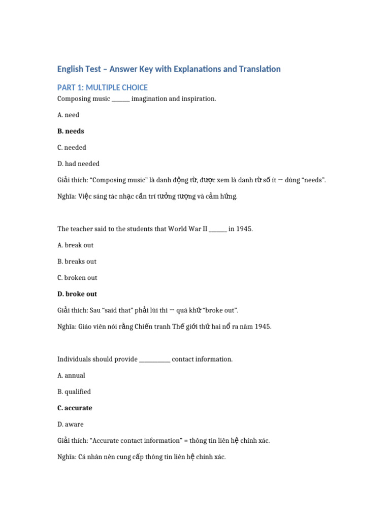 English Test Answer Key Clean | PDF