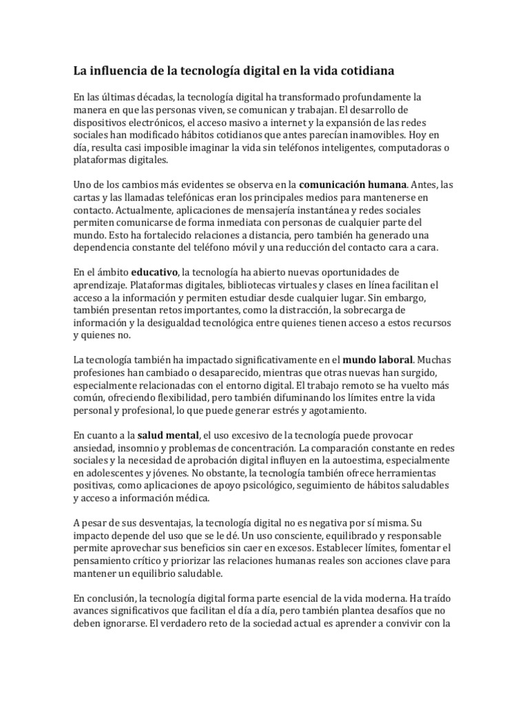 La Influencia de La Tecnología Digital en La Vida Cotidiana | PDF ...