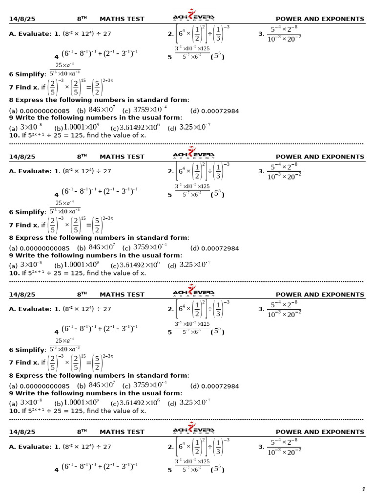 8th Maths CBSE Test Power Indices | PDF | Mathematics | Elementary ...