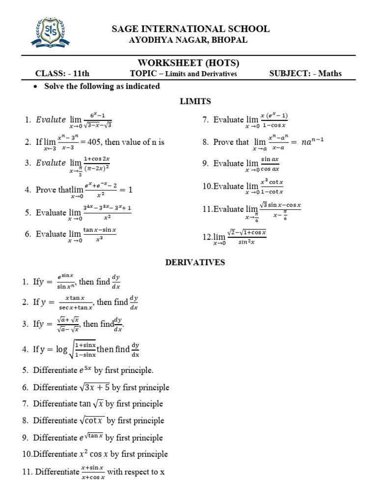 Class 11 Maths Worksheet: Limits & Derivatives | PDF