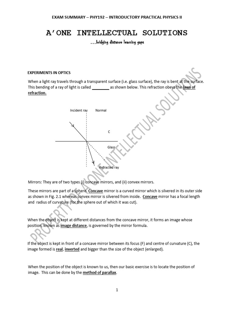 PHY192 Optics Exam Summary and Concepts | PDF | Mirror | Optics