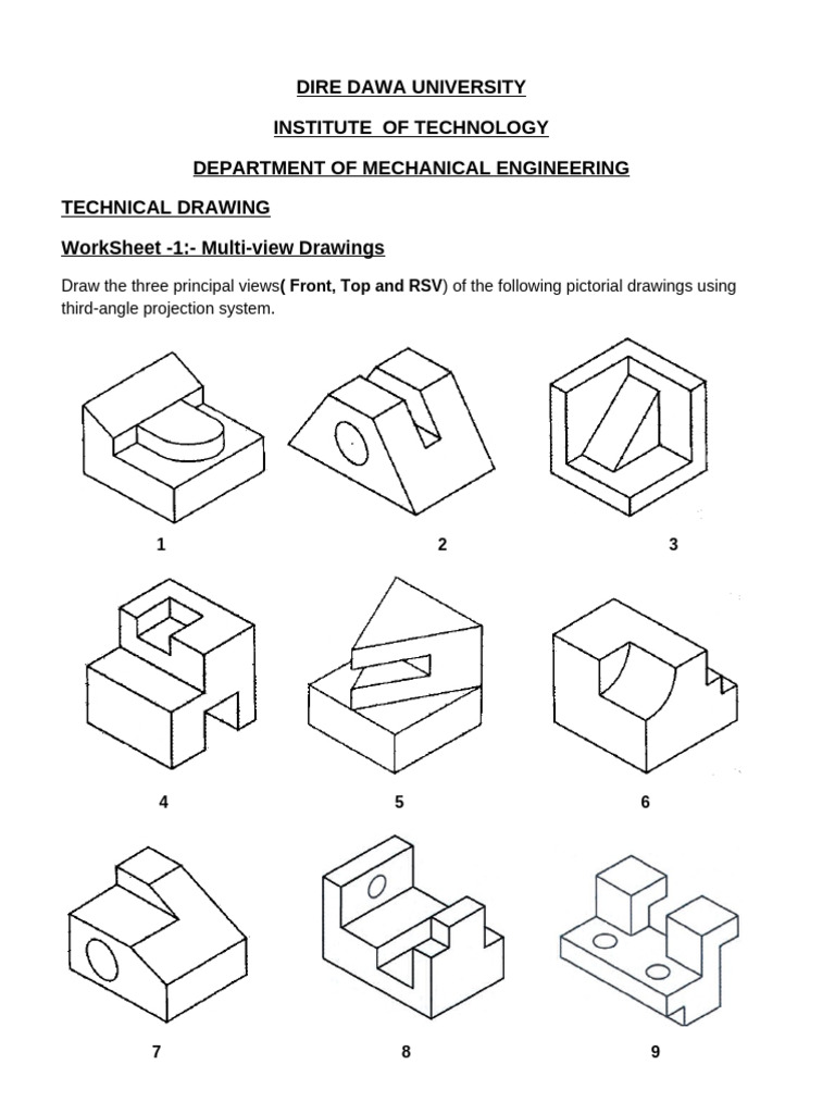 Multi-View Drawings Worksheet Guide | PDF