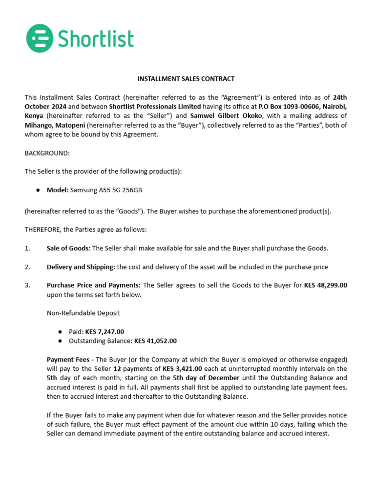 Installment Sales Agreement - Samwel Gilbert Okoko | PDF | Business Law ...