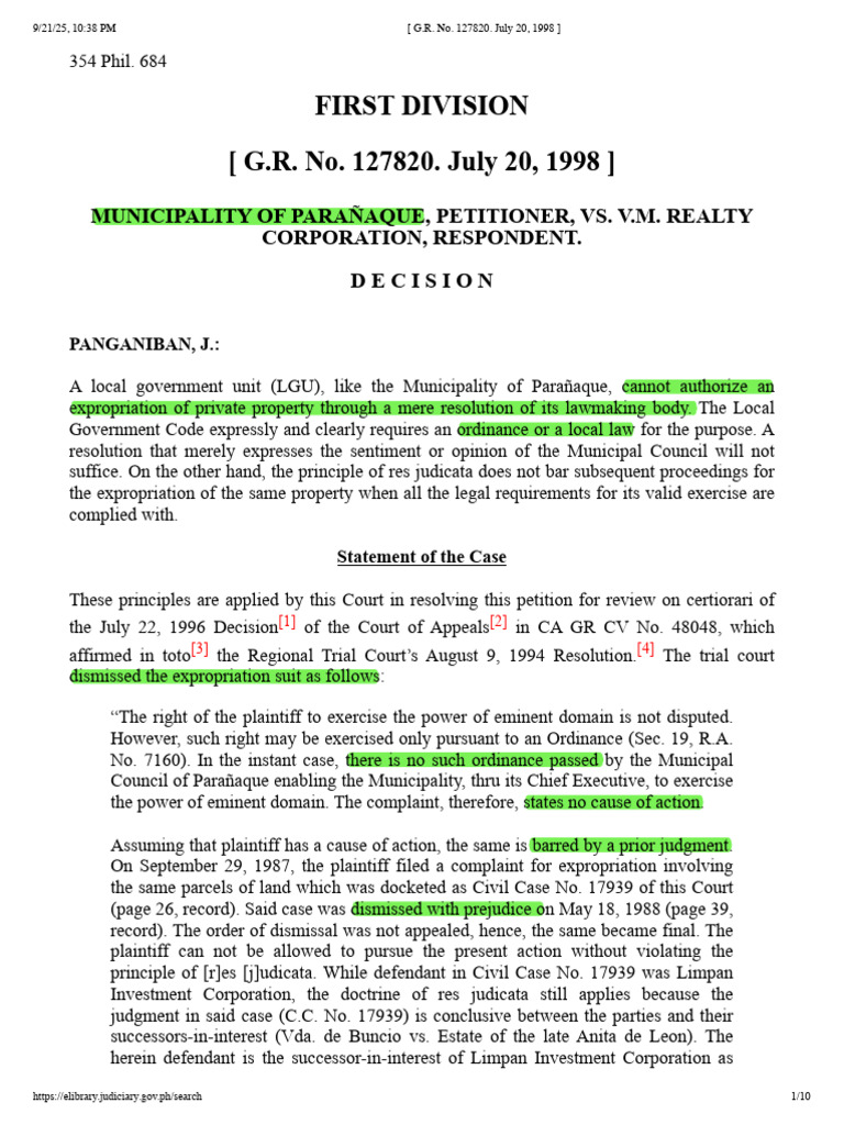 Parañaque Expropriation Case Ruling | PDF | Eminent Domain | Lawsuit