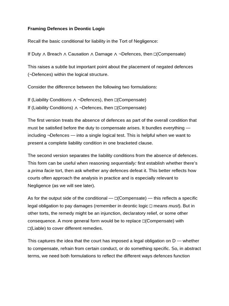 Defences in Deontic Logic Explained | PDF | Tort | Negligence