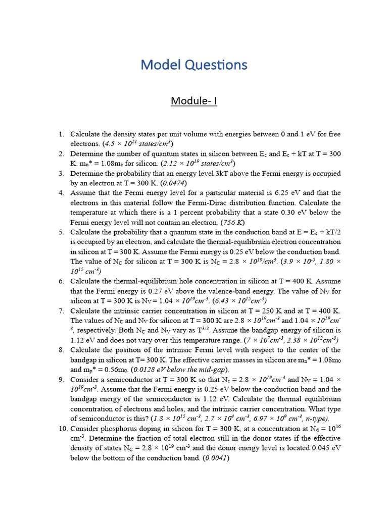 Semiconductor Physics Model Questions | PDF | P–N Junction | Mosfet