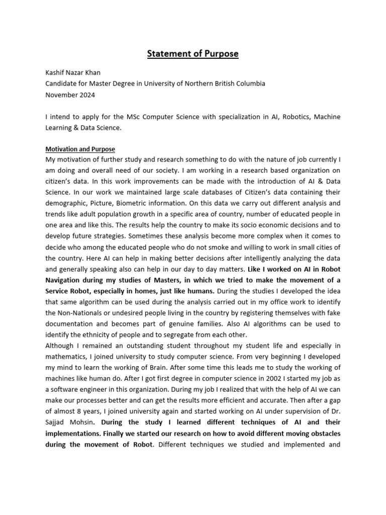 Statement of Purpose -- MSC | PDF | Artificial Intelligence ...