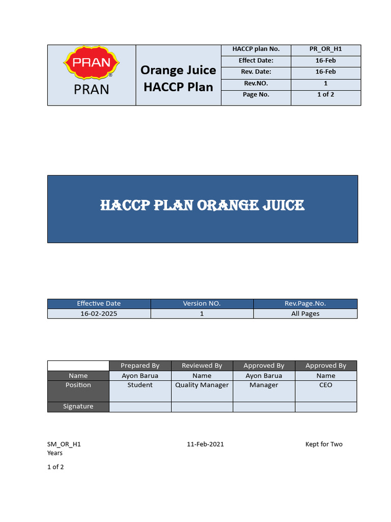 Haccp Plan on Orange Juice | PDF | Food Safety | Orange Juice