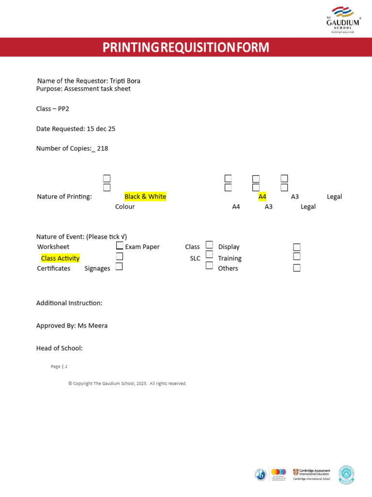 PP2 Assessment Task Printing Request | PDF