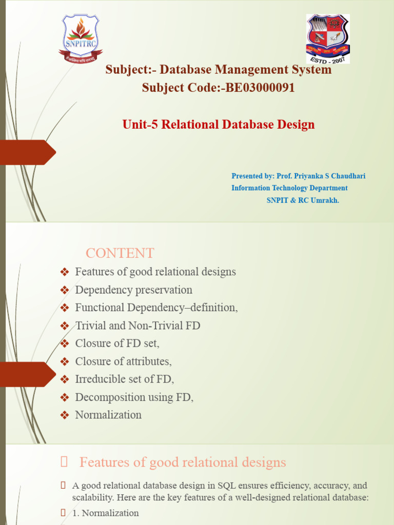 Unit-5 Relational Database Design.pptx | PDF | Relational Database ...
