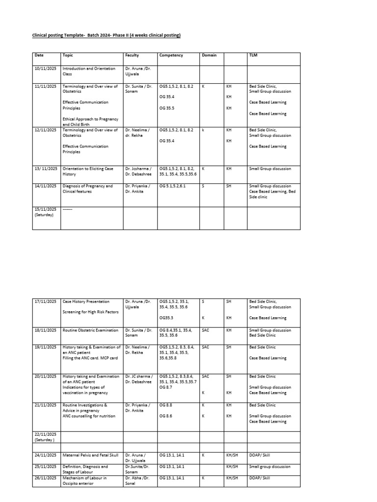 Clinical Posting Schedule 2024 Phase II 4 Weeks Clinical Posting ...