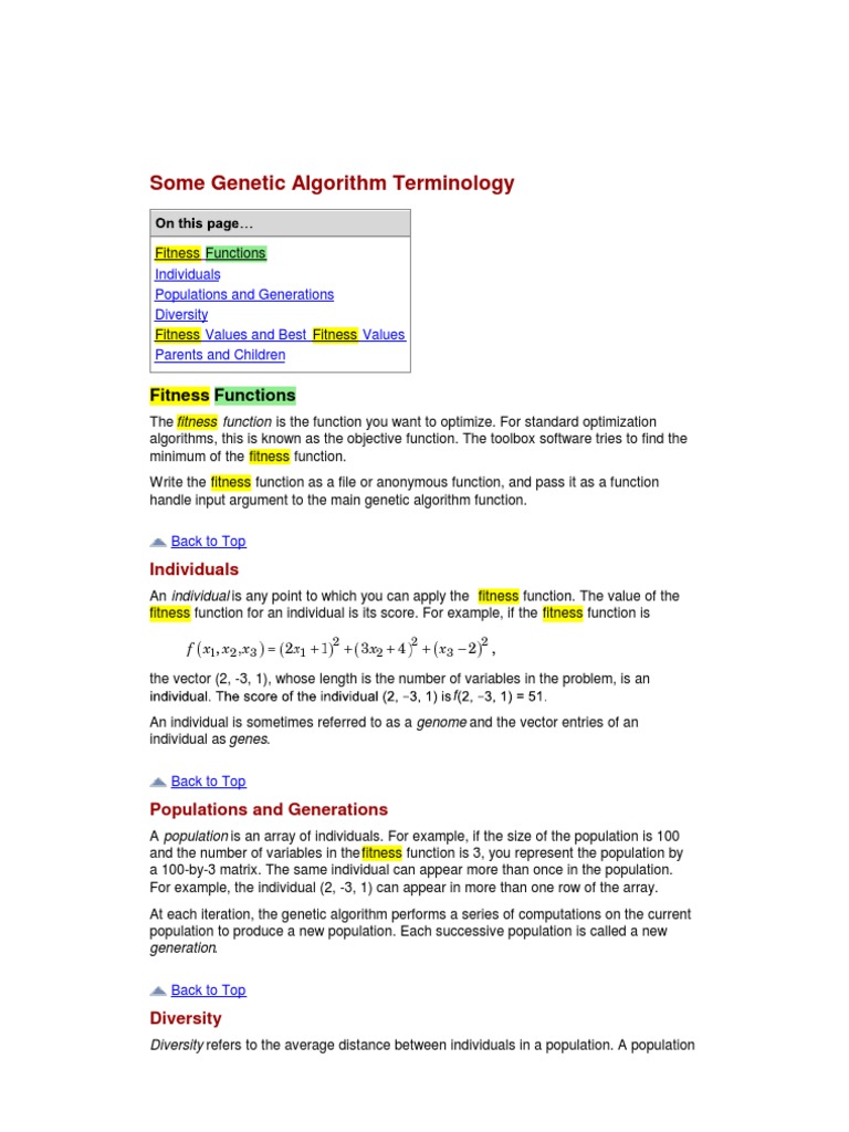 Help - Some Genetic Algorithm Terminology - Using The Genetic Algorithm (Global Optimization ...