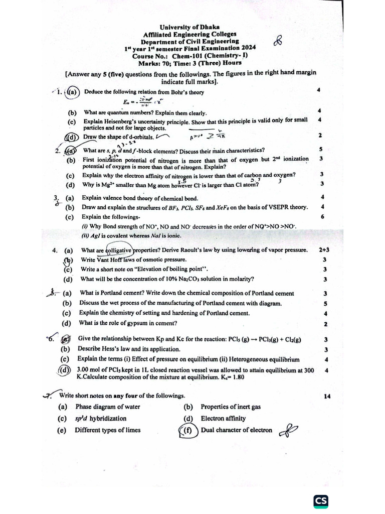 Chem-101 Semester Final (23-24) | PDF