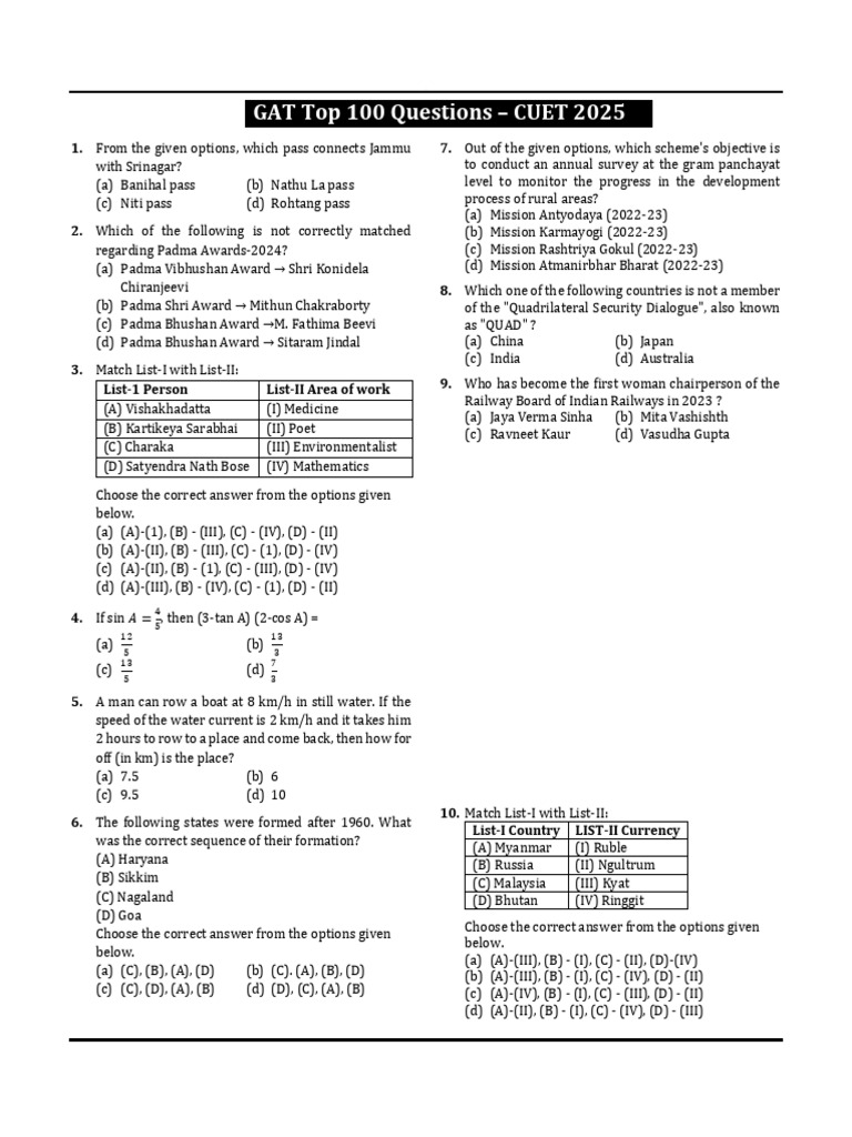 CUET 2025 GAT Top 100 Questions | PDF | Carbon Dioxide | Area