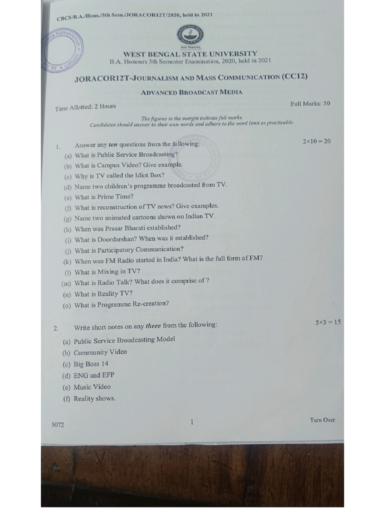 Previous Year Question Paper (5th Sem) | PDF