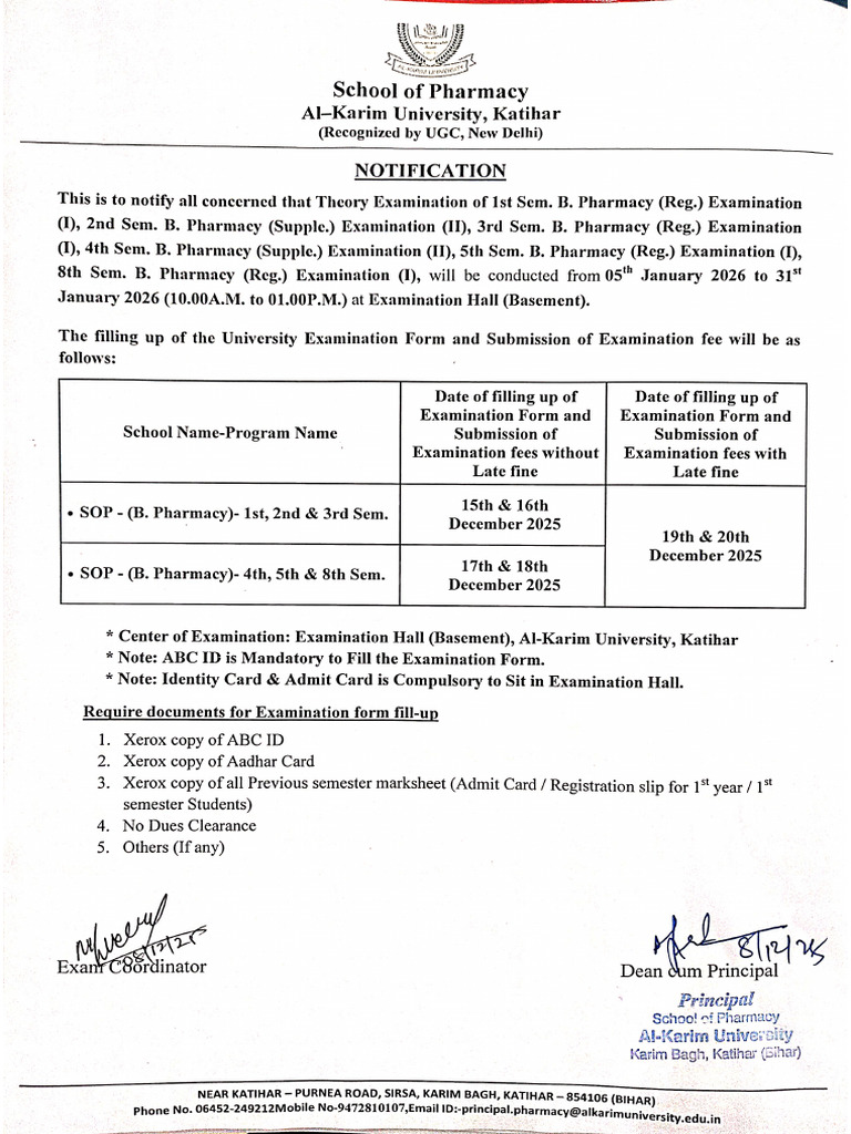 Notification For Filling Up of Examination Form | PDF