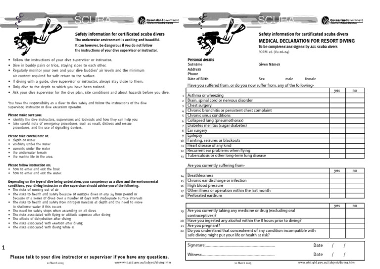SCUBA Diving Safety Guidelines & Medical Form | PDF | Underwater Diving ...