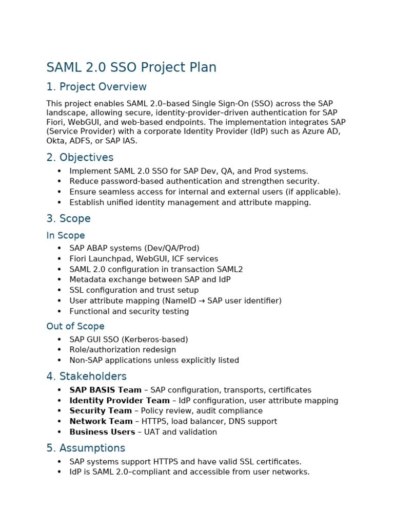 SAML 2.0 SSO Project Plan | PDF | Computing | Access Control