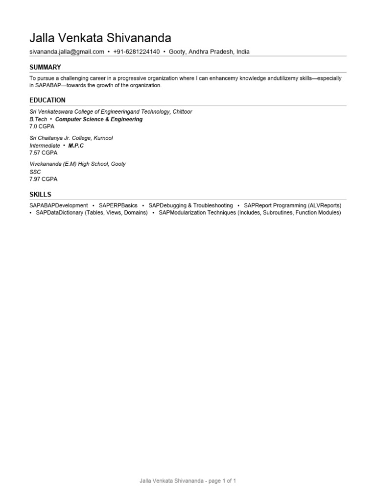 SAP ABAP Developer Resume Summary | PDF