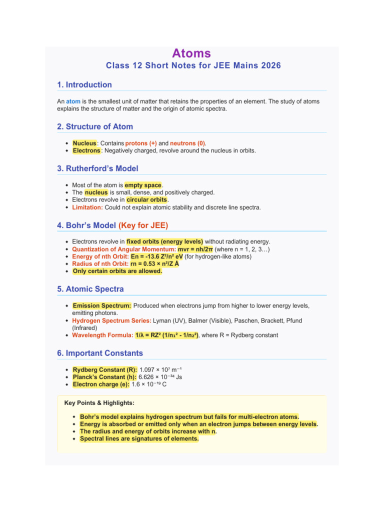 Atoms Colourful Short Notes JEE | PDF