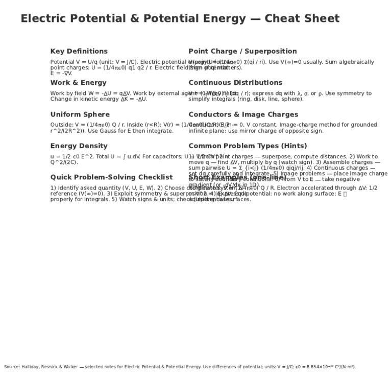 Electric Potential & Energy Cheat Sheet | PDF | Physical Phenomena ...