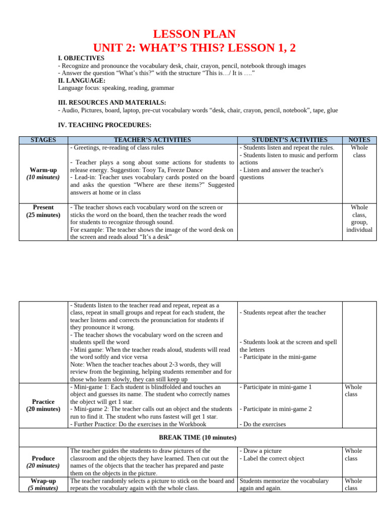 Lesson Plan - Ffs Unit 2 - Lesson 1, 2 | PDF | Vocabulary | Teachers
