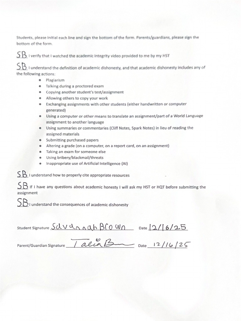 Students, Please Initial Each Line and Sign the Bottom of the Form ...