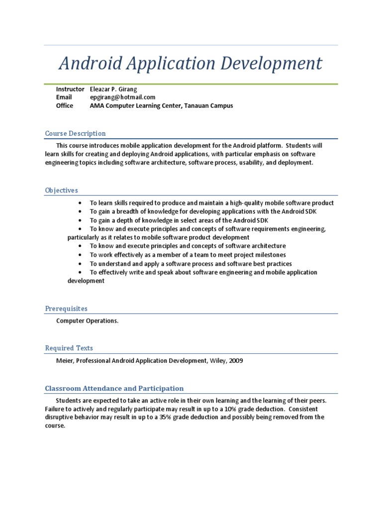 Android Application Development - Syllabus | PDF | Software Release Life Cycle | Android ...