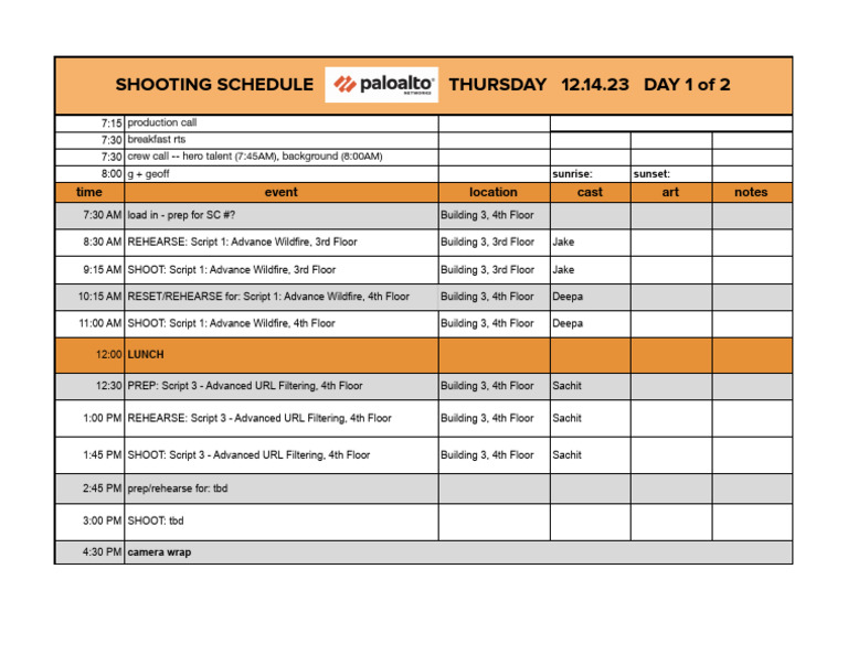 PAN CDSS Shoot Schedule - Day 1 - 12.14 | PDF