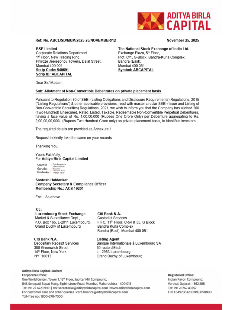 251125-ABCL NCD Allotment November 25 2025 Reg 30 | PDF | Securities ...