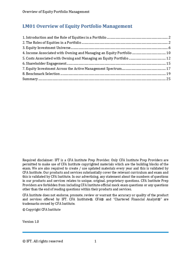 LM01 Overview of Equity Portfolio Management IFT Notes | PDF | Loans ...