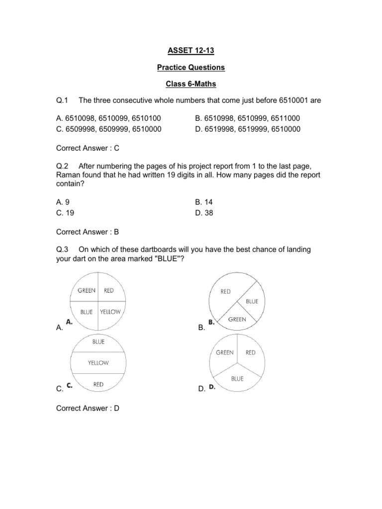Asset Practice Questions Class 6 Set | PDF | Mathematics