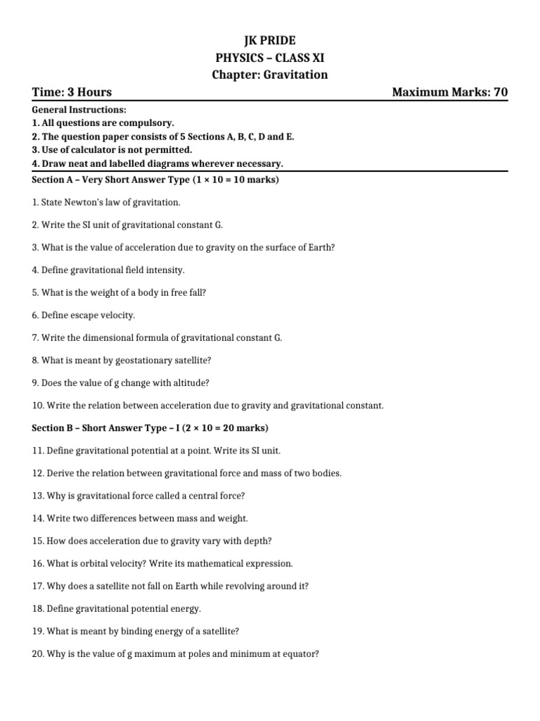 Class XI Physics: Gravitation Exam Guide | PDF | Orbit | Gravity