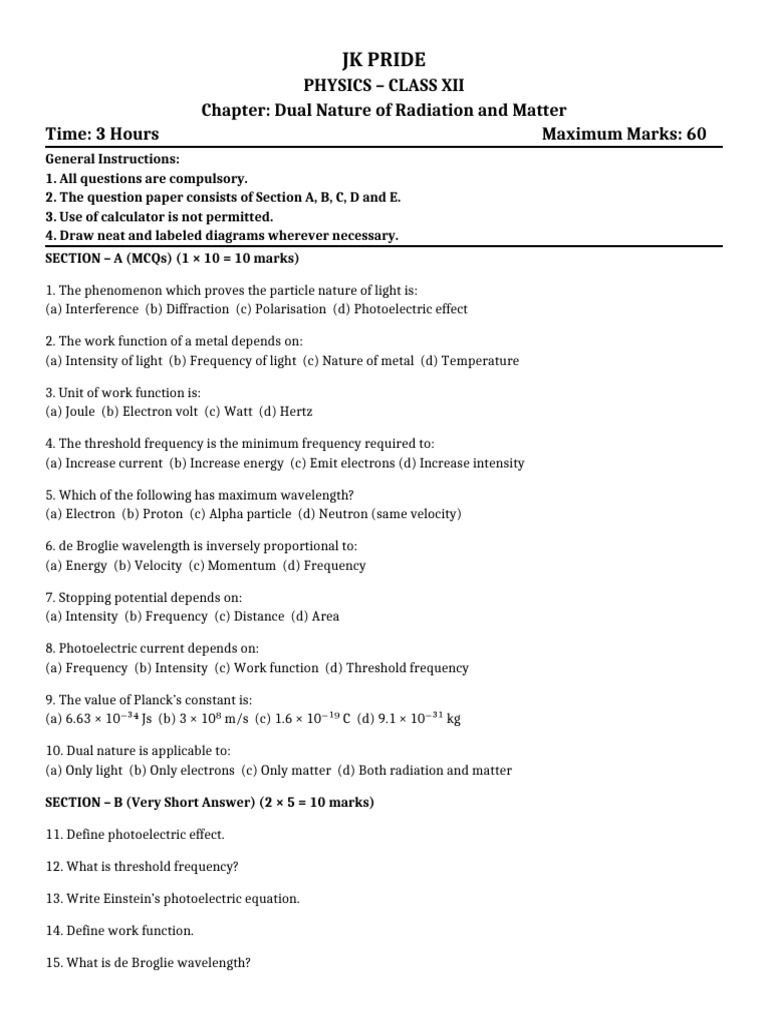 Class 12 Dual Nature of Radiation and Matter Exact Paper | PDF ...