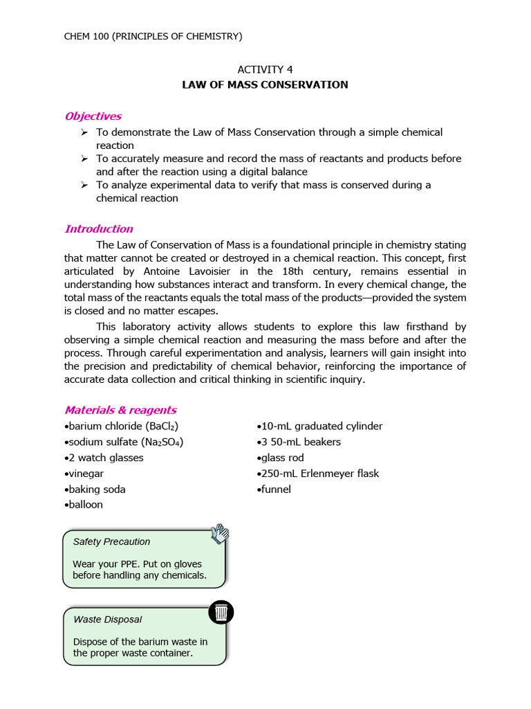(Chem 100) Act 4 Law of Mass Conservation | PDF | Chemical Reactions ...